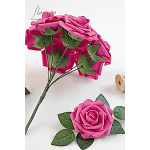 Floroom Artificial Flowers 50pcs Real Looking Hot Pink Foam Fake Roses with Stems for DIY Wedding Bouquets Baby Shower Centerpieces Floral Arrangements Party Tables Home Decorations