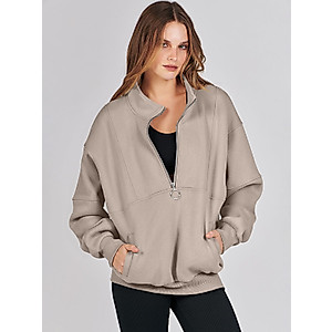 ANRABESS Women's Oversized Half Zip Fleece Sweatshirts Quarter Zip Pullover Top Fall 2024 Outfits Trendy Clothes Light Brown X-Large