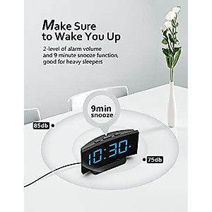 Digital Alarm Clock for Bedrooms, Digital Clock with Modern Curved Design, Conspicuous Blue LED Numbers, 6 Levels Brightness, 2 Volume, 3 Alarm Tones, Snooze, Power-Off Memory, 12/24H, Bedside Clock
