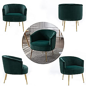 KIVENJAJA Accent Barrel Chair, Modern Velvet Upholstered Club Armchair, Arm Chairs for Living Room Bedroom Small Space Plush with Golden Metal Legs, Dark Green