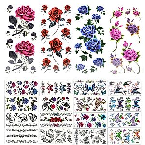 Lady Up Temporary Tattoos Stickers 20 Sheets Body Art Flowers, Roses, Butterflies Tattoo for Women, Mixed Style and Multi-Colored Waterproof 90×190mm