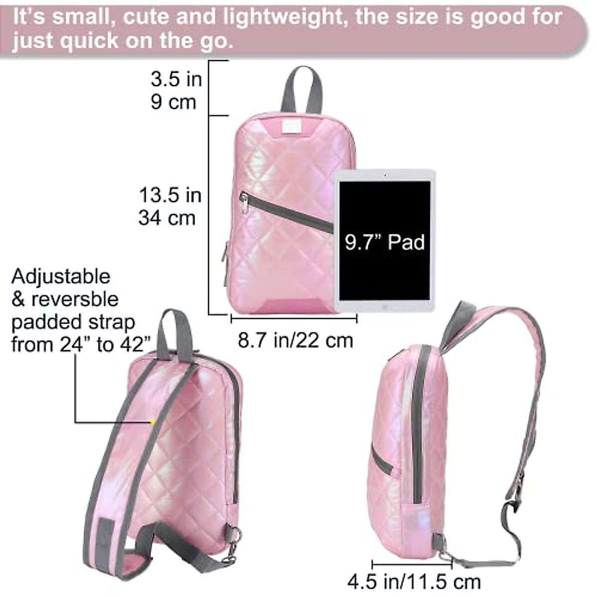 GBLQ PLUS Sling Bags, Iridescent Crossbody Shoulder Puffer Backpack for Women Men, Travel Hiking Small Chest Bag Daypack (Pale Pink)