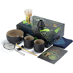 TEANAGOO Matcha Set Matcha Whisk Matcha Bowl with Pouring Spout Scoop Matcha Whisk Holder Tea Making Kit. 1 Japanese Tea Set (7pcs) + 2Cups(7.2oz),S1,Charcoal Grey,Color Box Packing