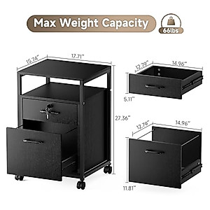 Warmiehomy File Cabinet with Lock 2 Drawer Rolling Filing Cabinet with Open Shelf Locking File Cabinet on Wheels Wood File Cabinet for Home Office fits A4/Letter/Legal Size (Black)