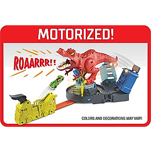 Hot Wheels Toy Car Track Set, T-Rex Rampage Playset & 1:64 Scale Vehicle, Launch into the Giant Dinosaur