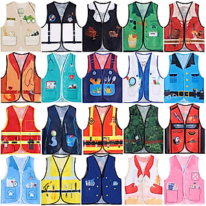 20 PCS Kids Community Helper Dress Up Vest Career Costumes Role Play Career Cosplay Clothes Pretend and Play Costume for Kids Dress up Doctor Police Fireman Car Racer Cowboy Farmers Worker Pirate