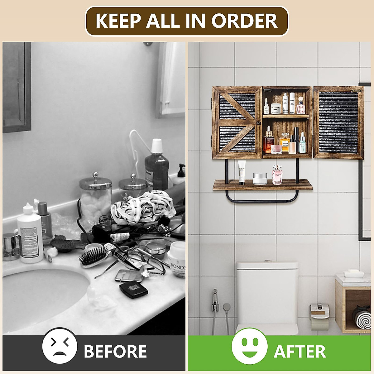 Butizone Small Bathroom Wall Cabinet, 17x21'' Barndoor Medicine Cabinet Wall Mount, 3 Tier Rustic Bathroom Storage Cabinet Over Toilet with Adjustable Shelf and Towel Bar for Bathroom Laundry Room