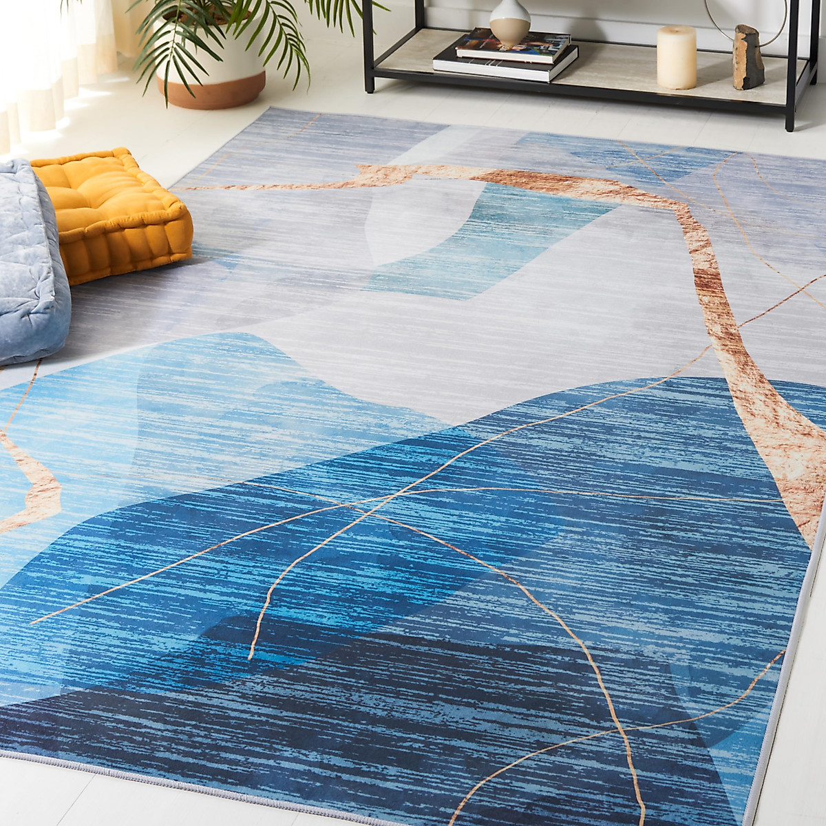SAFAVIEH Tacoma Collection Area Rug - 6' x 9', Blue & Gold, Mid-Century Modern Design, Non-Shedding & Easy Care, Machine Washable Ideal for High Traffic Areas in Living Room, Bedroom (TAC836M)