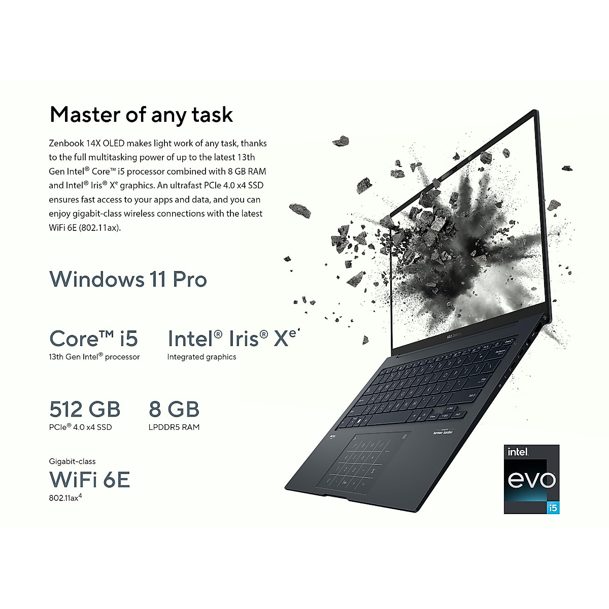 ASUS Zenbook 14.5" 2.8K(2880 x 1800) 120Hz OLED Laptop | EVO 12-Core i5-13500H | 100% DCI-P3 Pantone | WiFi 6E | 2X Thunderbolt 4 | Widnows 11 Home | w/HDMI (8GB LPDDR5 RAM | 512GB PCIe SSD)