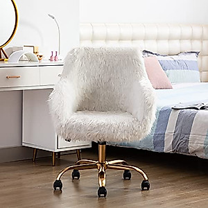 Duhome Faux Fur Home Office Chair for Women, Vanity Chair for Teen Girls Swivel Desk Chair with Armrest, White