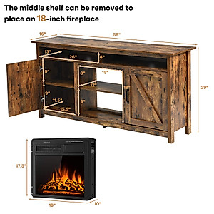 Tangkula Industrial Fireplace TV Stand for TVs Up to 65 Inches, Entertainment Center w/ 1500W Fireplace, Fireplace Media Console Table, Electric Heater w/Adjustable Brightness & Remote (Brown)