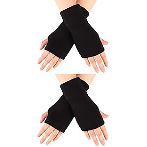 2 Pairs Fingerless Gloves Women Man Stretchy Knitted Gloves Thumb Hole Mittens Wrist Length Arm Warmers (Black, Black)