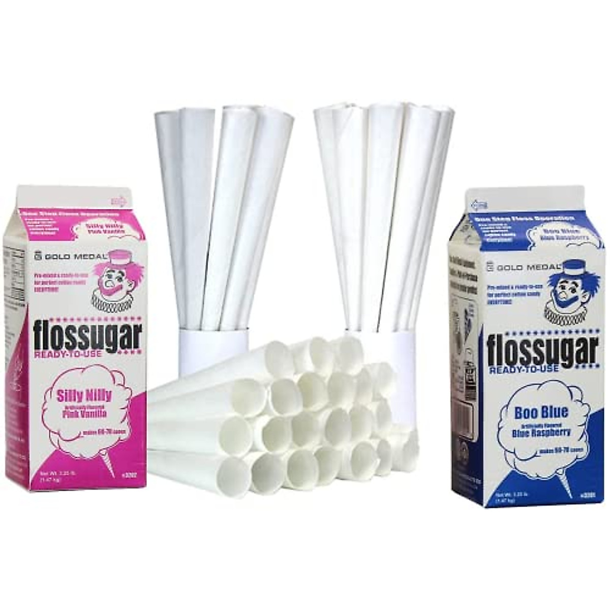 Perfectware 2 Pack Cotton Candy Floss Sugar with 100 Count Paper Cotton Candy Cones. Pink Vanilla and Blue Raspberry& PW Cotton Candy Cone 100ct Cotton Candy Cones 100ct