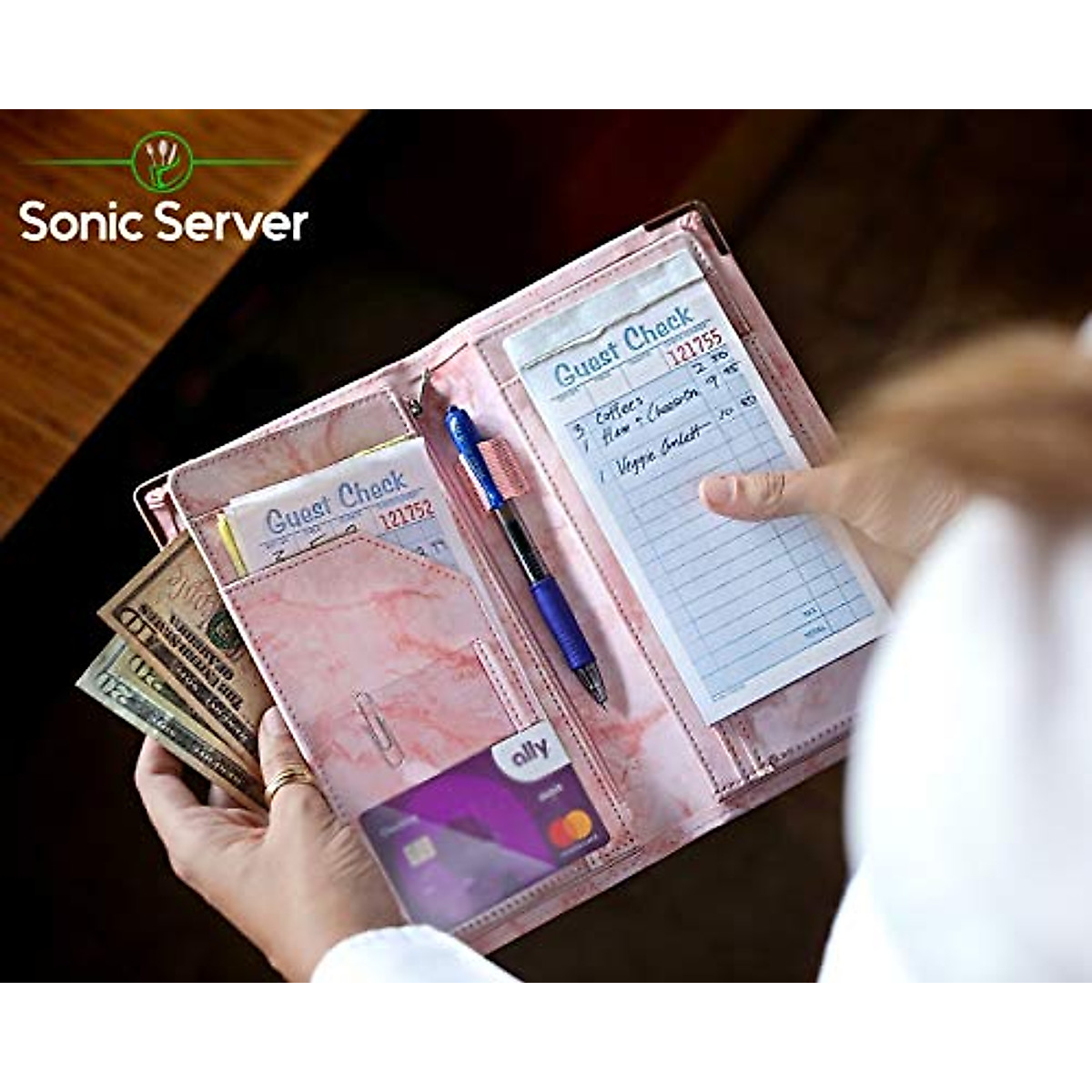 Sonic Server 5x9 11-Pocket Server Book Organizer with Double Magnetic Pockets and Zipper Pocket for Waitress Waiter Waitstaff | Marble Pink