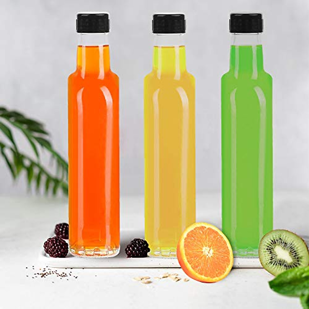 YULEER 15 Pack Hot Sauce Bottles, 8.5 oz Woozy Bottles with Leak Proof Screw Black Cap, Shrink Capsule, Round Glass Bottles for DIY Hot Sauce, BBQ Sauce