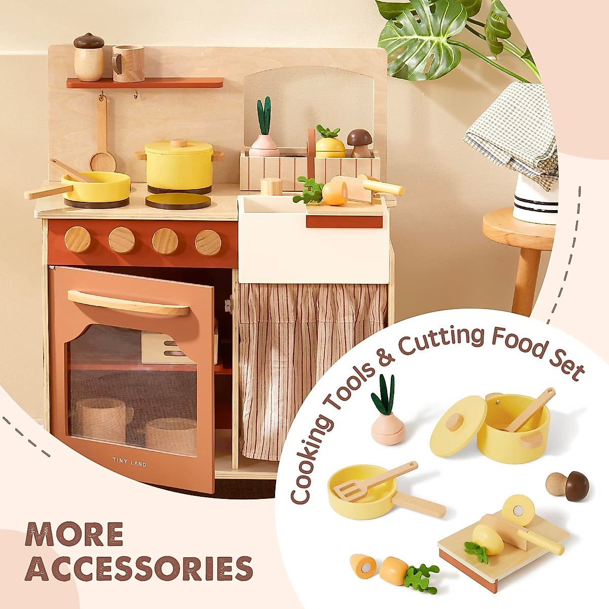 Tiny Land Play Kitchen Set, Toddler Kitchen with Cutting Food Set, Wooden Kitchen Sets for Kids, Farm Style Toy Kitchen Playset, Best Gift for Girls and Boys