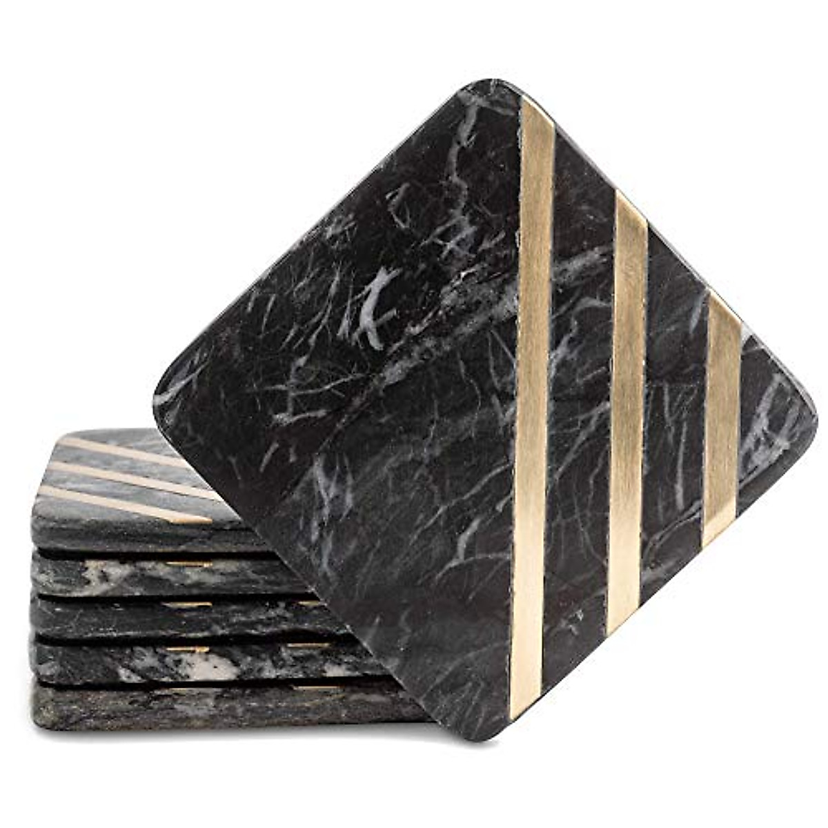 Cork & Mill Marble Coasters for Drinks - Handcrafted Modern Coasters - Square Drink Coasters - Black Marble Coasters with Gold Brass Inlay - Made from Real Solid Marble - Set of 6
