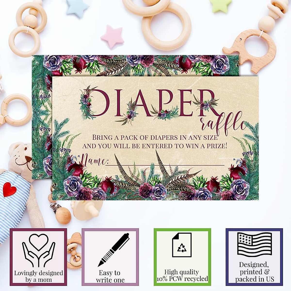 Amanda Creation Rustic Boho Watercolor Succulents, Pine, and Feathers Diaper Raffle Tickets for Baby Showers, 20 2" X 3” Double Sided Inserts, Bring a Pack of Diapers to Win Favors &