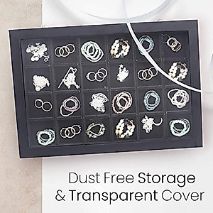 Hivory Velvet Jewelry Display Tray for Earrings & Rings - Stud Earring Storage Box, Earring & Ring Holder Display Case for Girls - Clear lid 24 Grid Jewelry Organizer Box (Black)