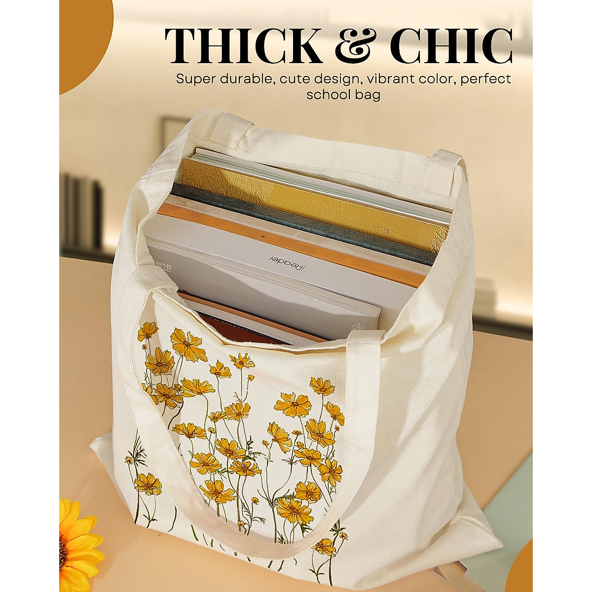 AUSVKAI Canvas Tote Bag Aesthetic for Women, Cute Yellow Flower Reusable Cloth Cotton Bags for Shopping School Beach Trendy Gifts
