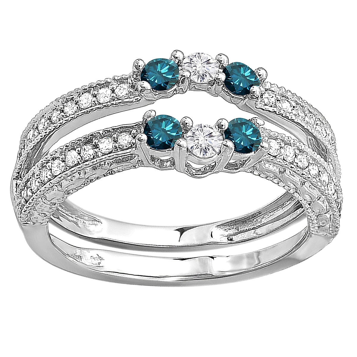Dazzlingrock Collection 0.60 Carat (Ctw) Round Blue & White Diamond Contour Double Guard Enhancer Wedding Ring for Her in 10K White Gold, Size 6.5
