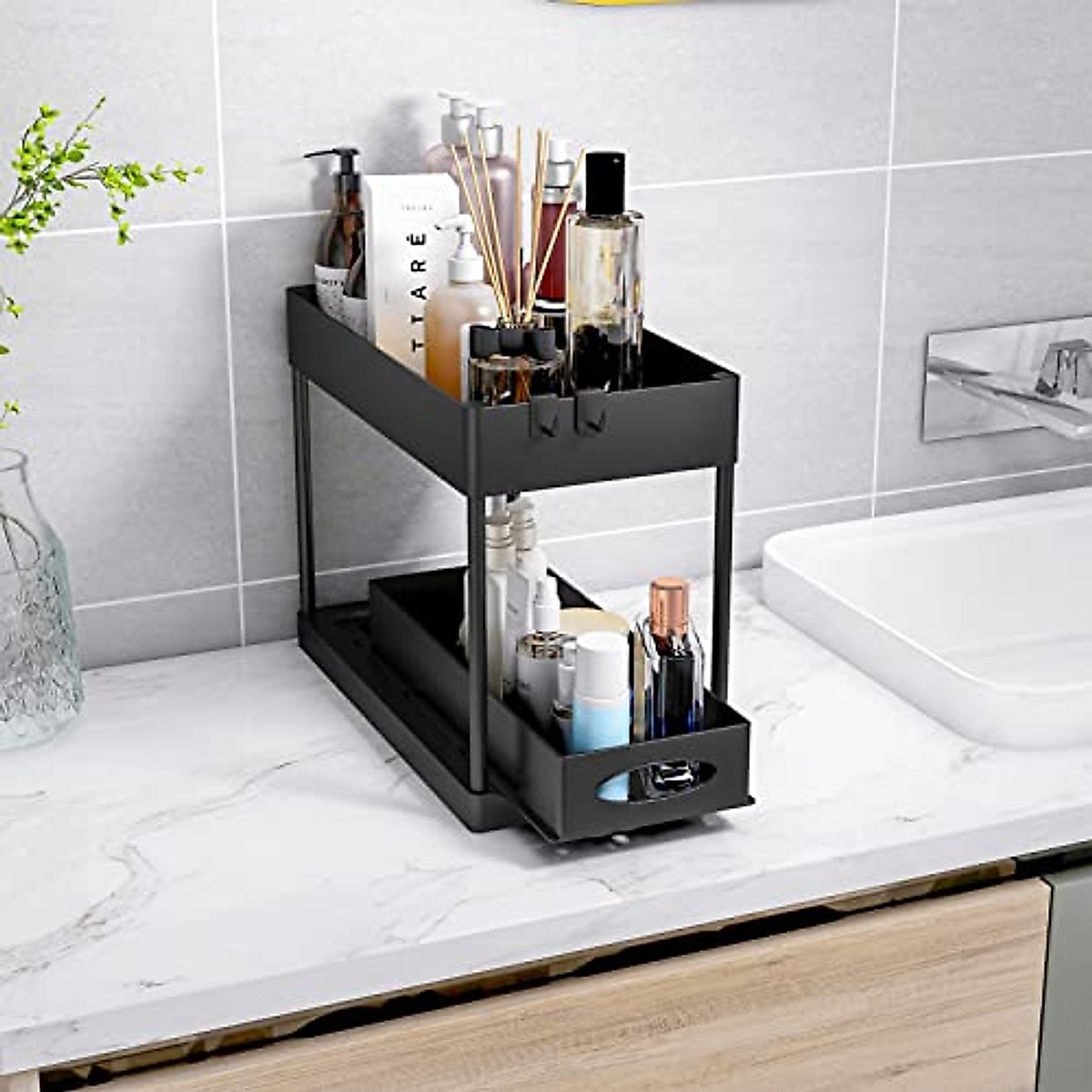KMIGRUAN Under Sink Organizers and Storage,2 Tier Kitchen and Bathroom Organizer Under Sink Shelf，Multi-function with Hook Under Cabinet Organizer