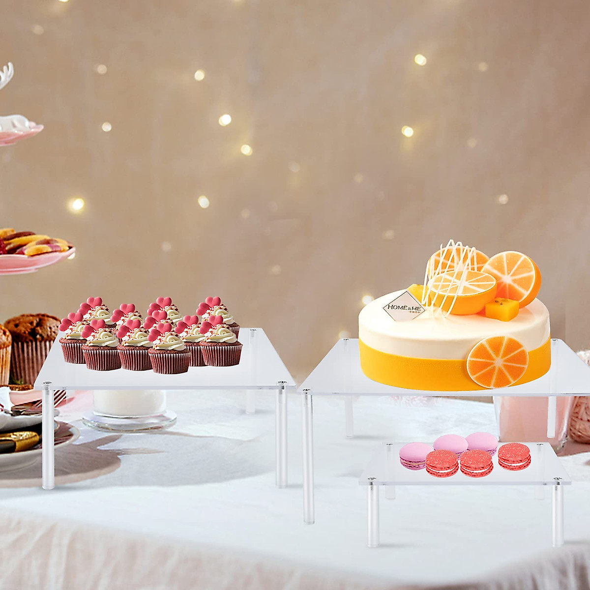 3 Pcs Square Acrylic Cake Stands, Akamino Reusable Round Cupcake Holder for Dessert Cake Pizza, Display Stand Party Serving Platter for Christmas Wedding Birthday Baby Shower Tea Party