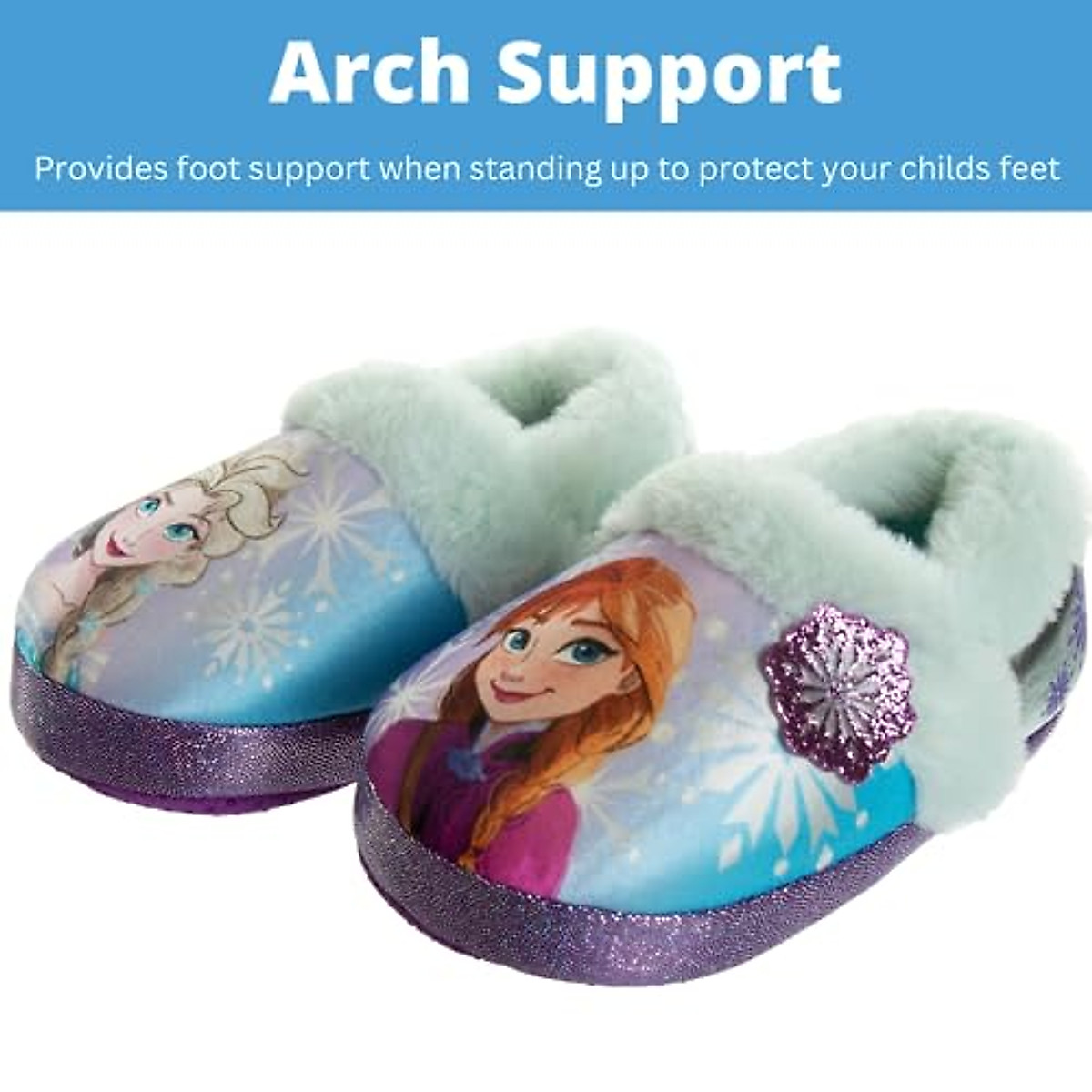 Disney Girls' Frozen Slippers - Plush Fuzzy Elsa and Anna Slippers with Non-Skid Soles (Toddler/Little Kid), Size 9/10, Purple Blue Glitter