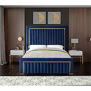 Meridian Furniture DolceNavy-K Dolce Collection Modern | Contemporary Velvet Upholstered Bed with Luxurious Channel Tufting and Gold Metal Trim/Legs, 89" W x 88" D x 63.5" H, King, Navy