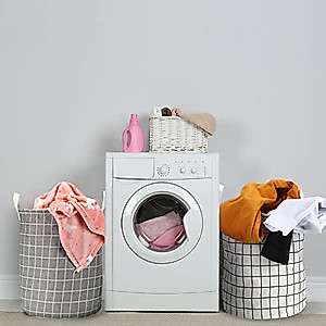 Nuogo 8 Pieces Freestanding Laundry Basket Round Collapsible Organizer Basket Cotton Linen Washable Laundry Hamper Waterproof Laundry Room Organization Large Storage Bins for Kids Toy Room Nursery