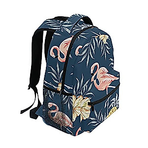 ALAZA Tropical Pink Flamingo Birds Hibiscus Flowers Pineapples Palm Leaves Navy Junior High School Bookbag Daypack Laptop Outdoor Backpack