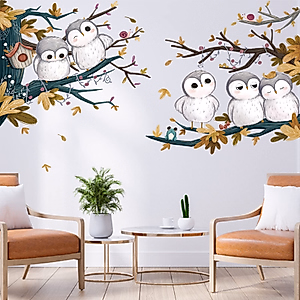 NOA Owls on Branches Cartoon Wall Sticker, Removable Waterproof Vinyl Animal Flowers Decal Decor, Lovely Art Mural for Nursery Bedroom Kids Room Home Decoration