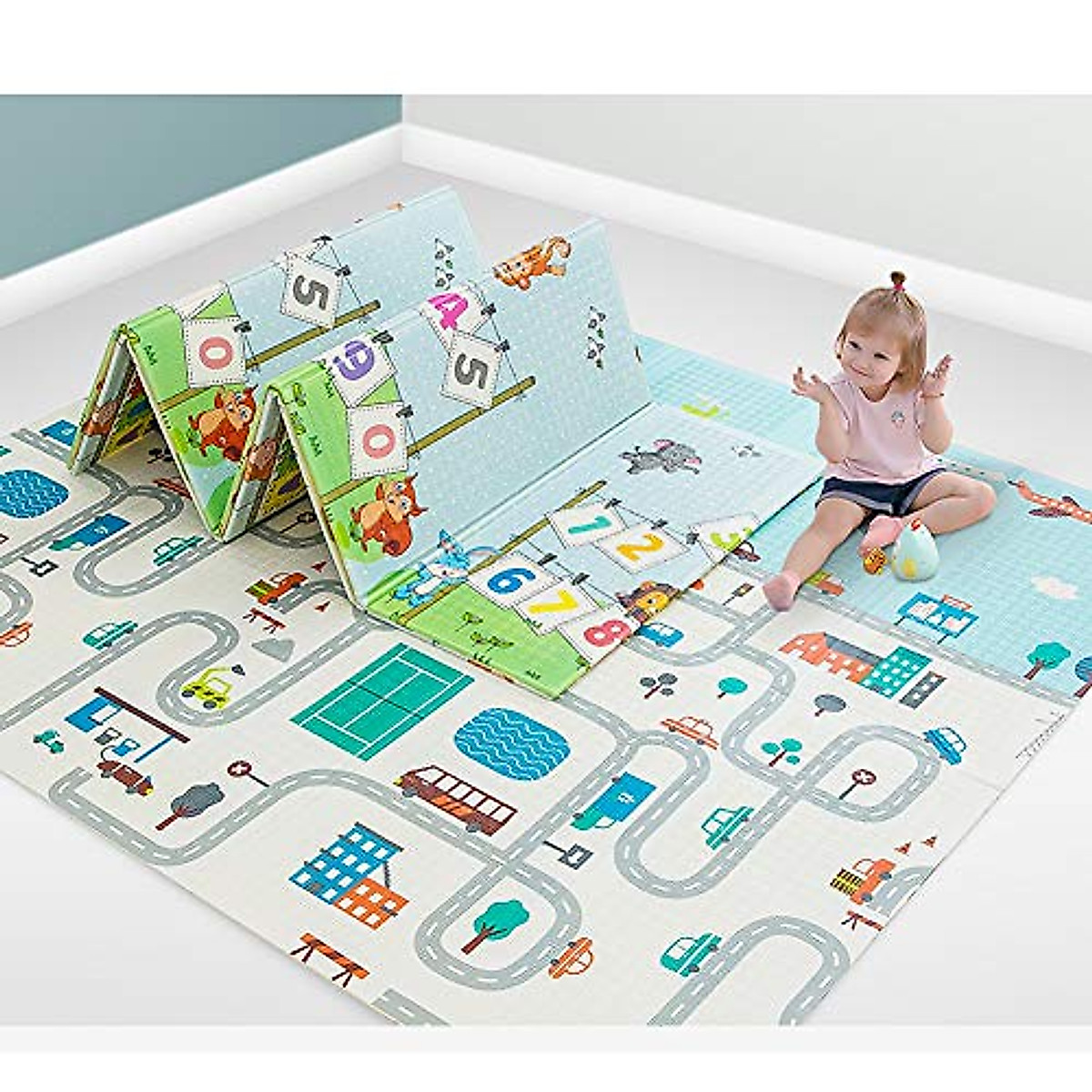 Eanpet Baby Play Mat Foam Area Rug for Kids Toddler Infant Ultra Thick Folding Large Crawl Mat Non-Slip Playmat for Bedroom Playroom Nursery ABC Letter (Traffic)