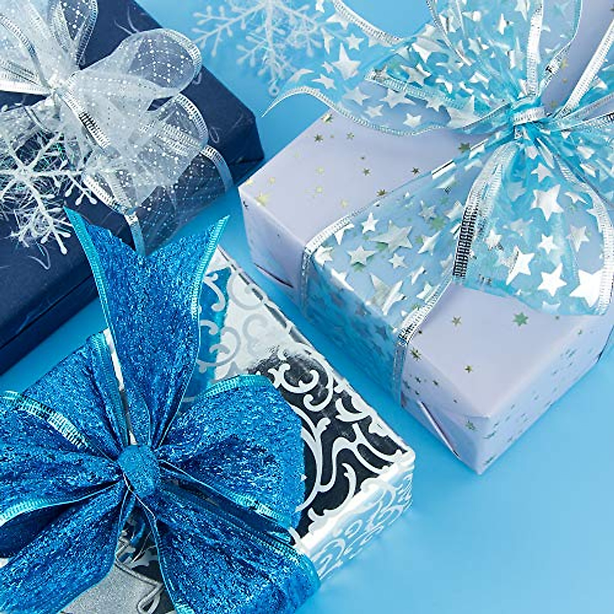 VATIN Christmas Ribbon,Wired Holiday Party Ribbons Assorted Snowflake Dot Holly Star Patterns Decorations, Swirl Sheer Glitter Ribbon 36 Yards (2.5" Width x 6Yard Each Roll) -Blue/Silver