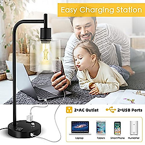 Upgraded Table Lamp, Fully Stepless Dimmable Desk Lamp with 2 USB Charging Ports and 2 AC Power Outlets, Modern Bedside Lamp with Glass Shade for Bedroom, Living Room, Office (Bulb Included)