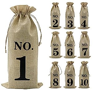 Shintop 10pcs Jute Wine Bags, 14 x 6 1/4 inches Hessian Numbered Wine Bottle Gift Bags with Drawstring for Blind Wine Tasting (Brown)