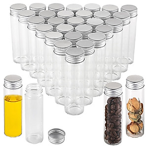 30PCS 50ml Glass Vials with Screw Caps, Clear Flat Test Tubes with Lids, Leak Proof Liquid Sample Vials for Essential Oil, Perfume, Reagent, Medicine, Reusable and Fridge Safe