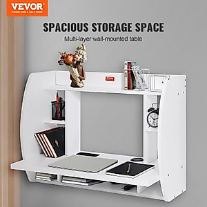 VEVOR Floating Wall Mount Computer Desk Socket and 70.9 in (1.8 m) Power Cord for Home Office, Space Saving with Storage Shelves and Cubby, White