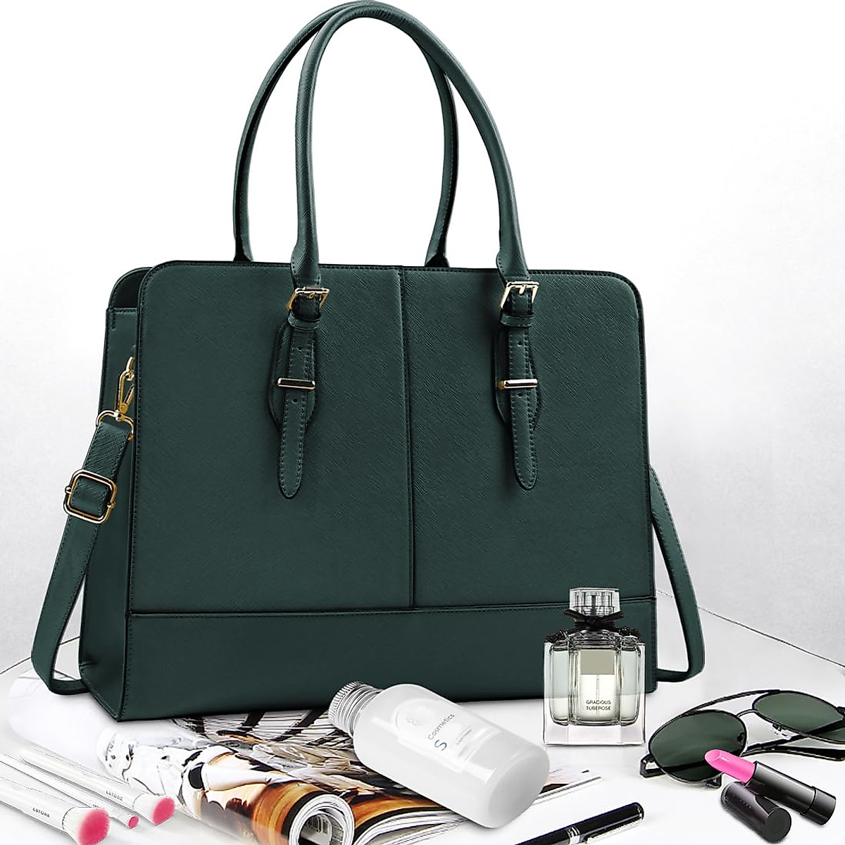 Women Laptop Bag Leather Work Tote 15.6 Inch Laptop Computer Bag Business Shoulder Messenger Bag (DeepGreen)