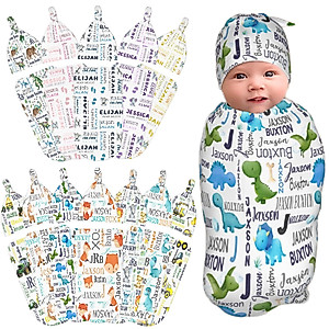 WTCWY Personalized Baby Swaddle and Hat for Baby Girl Boy with Name Custom Baby Blankets for Girls Boys Personalized Baby Items Girl Boy Gifts