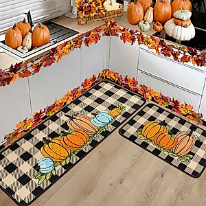 Buffalo Plaid Pumpkin Fall Decorative Kitchen Rugs Set of 2,Non Skid Washable, Home Seasonal Fall Holiday Party Autumn Harvest Thanksgiving Kitchen Mat 17"x47"+17"x30"