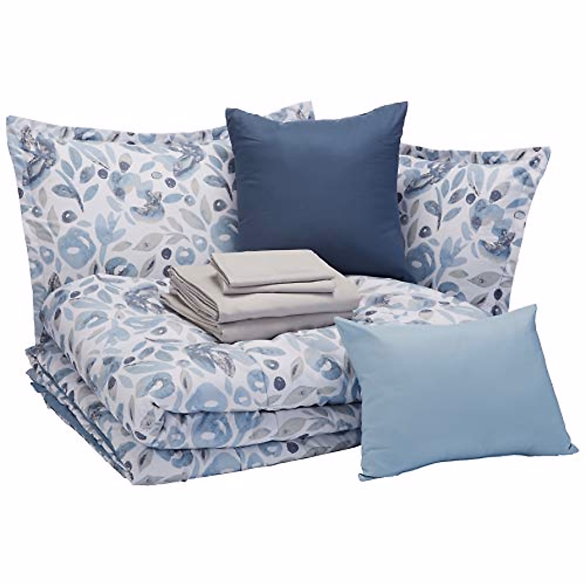 Amazon Basics 10-Piece Bed-in-a-Bag - Soft, Easy-Wash Microfiber - Full/Queen, Blue Watercolor Floral