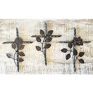 Top Brass Decorative Floral Wall Cross - Welded Wrought Iron - Leaves, Branches and Flowers Religious Metal Art Sculpture - Antique Silver/Copper Finish (Leaves and Rose)