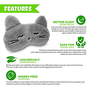 Matt and Mollie Kids Safety Sleep Mask - Children's Eye Cover for Sleeping at Home & During Travel - Cute Animal Designs, Wide Adjustable Pull-Apart Strap (Gray Cat)