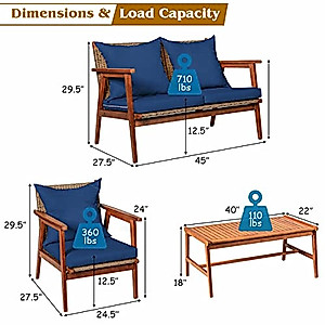 LUKEO Patio Rattan Furniture Set Acacia Wood Frame Cushioned Sofa Chair Navy Single Sofa Loveseat