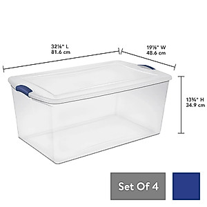 PuPLUM 105 Qt. Latch Box Plastic Storage Bin Tote Organizing Container With Durable Lid, Stackable and Nestable Snap Lid Plastic Storage Bin, 1 Pack, Clear With Blue Buckle