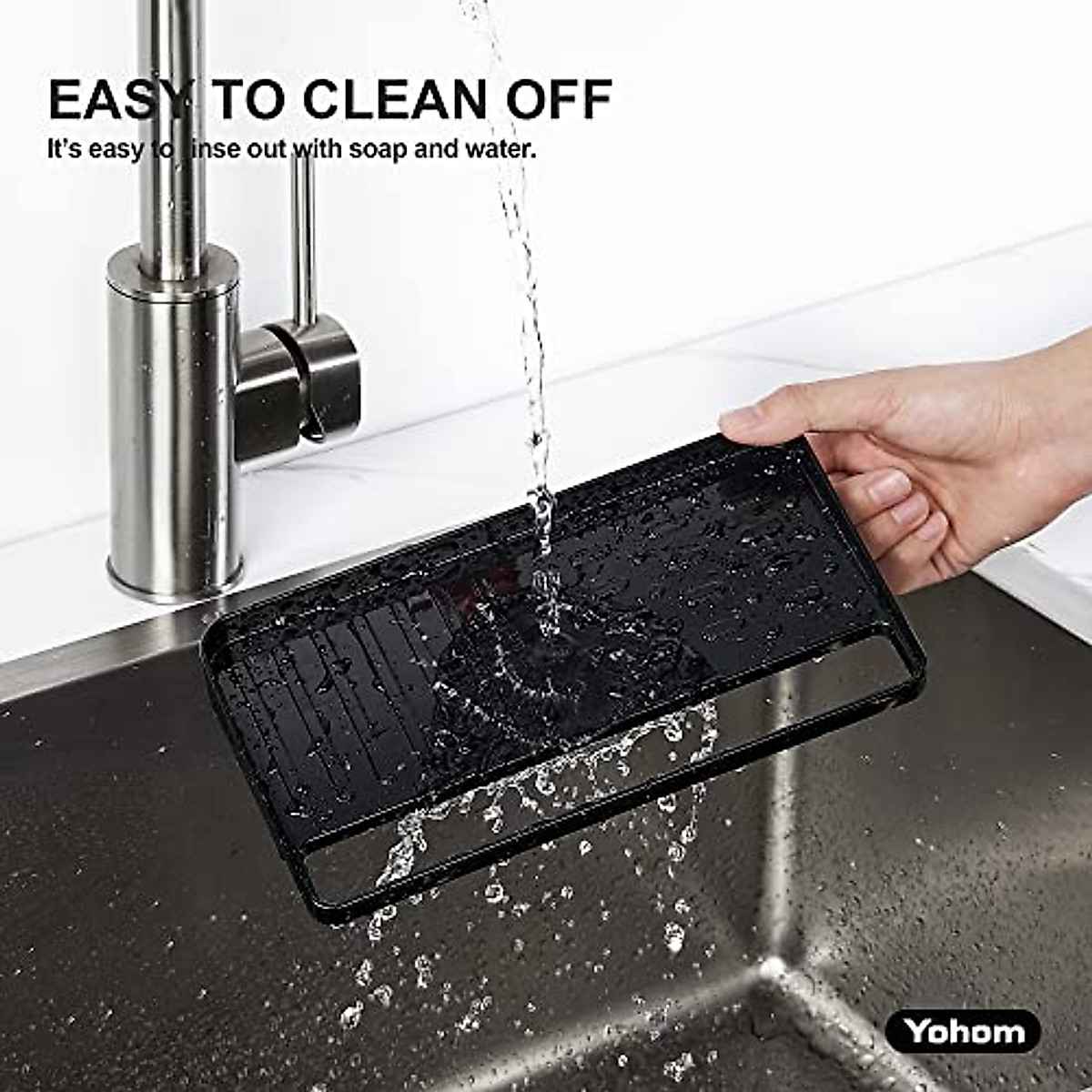 YOHOM Black Suction Cup Sponge Holder for Kitchen 2-in-1 in Sink Dish Rag Holder for Undermount Sink Plastic Scrubber Sponge Tray Organizer, Installation Size 9.06" L x 3.15" W