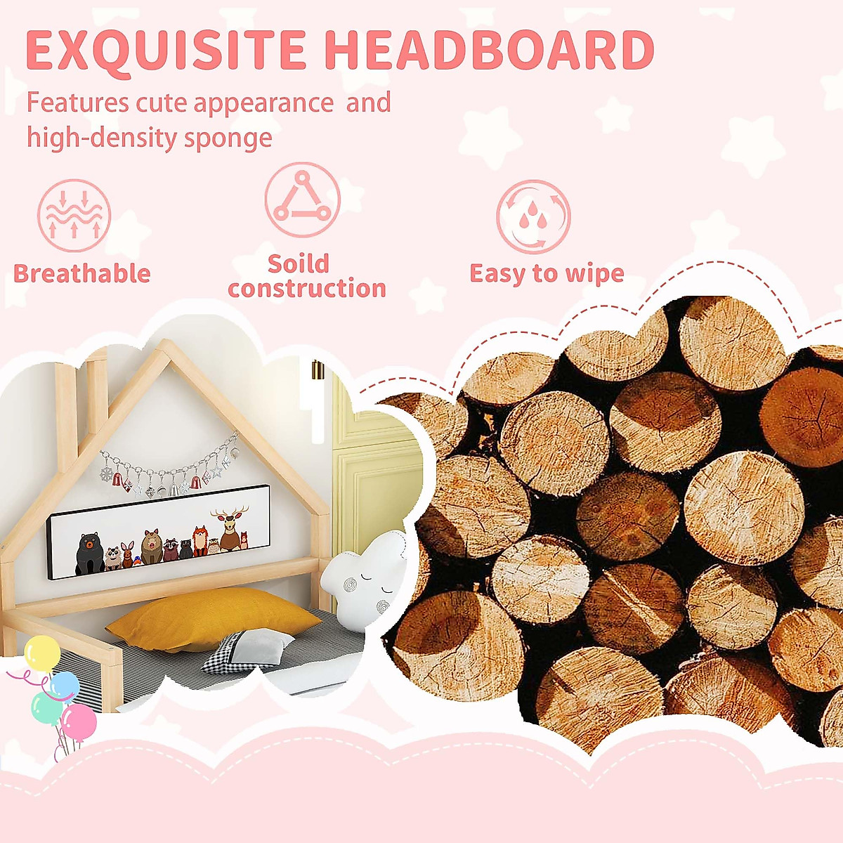 Floor Bed for Kids, Full Size Montessori Bed with House Shape Headboard and Railings, Wood House Bed with Slats for Boys Girls, Low to Ground Height, No Box Spring Needed, Natural