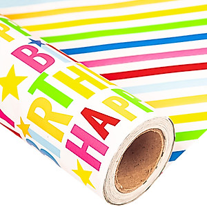 LeZakaa Reversible Birthday Wrapping Paper Jumbo Roll - Happy Birthday Lettering & Stripe - 24 inches x 100 Feet (200 sq.ft.)