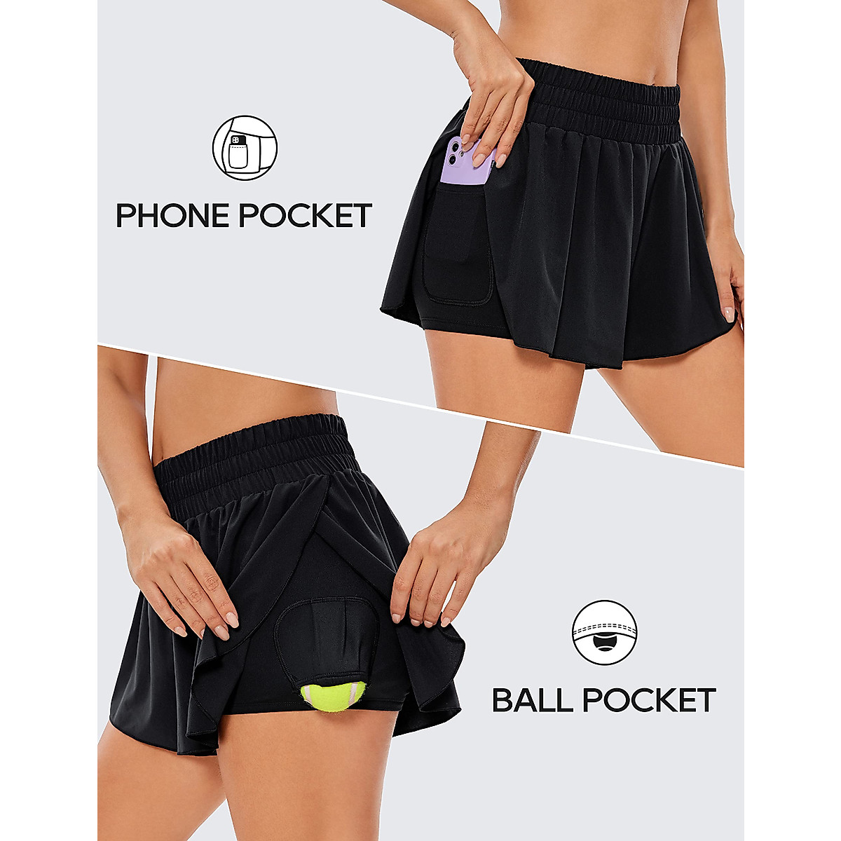 CRZ YOGA 2 in 1 Flowy Running Shorts for Women High Waisted Quick Dry Athletic Gym Lounge Workout Shorts Cute Tennis Skirts Black Medium